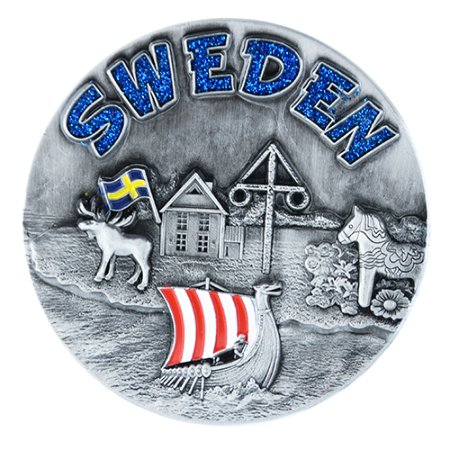 Magnet Sweden, rund metall 75 mm - www.nordicsouvenir.com